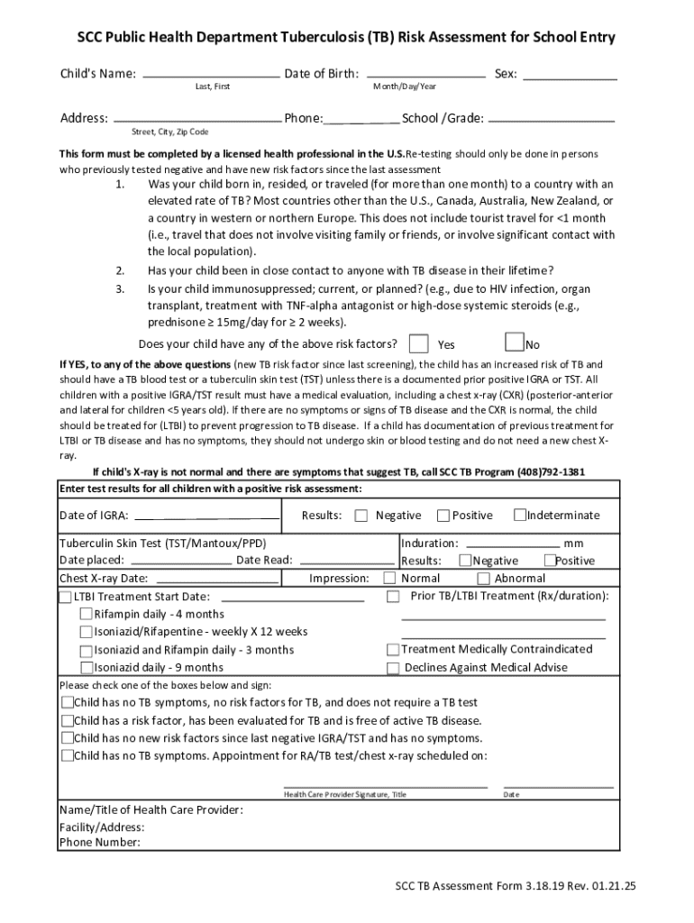 Fillable Online Tuberculosis Risk Assessment for School Entry Fax Email ...