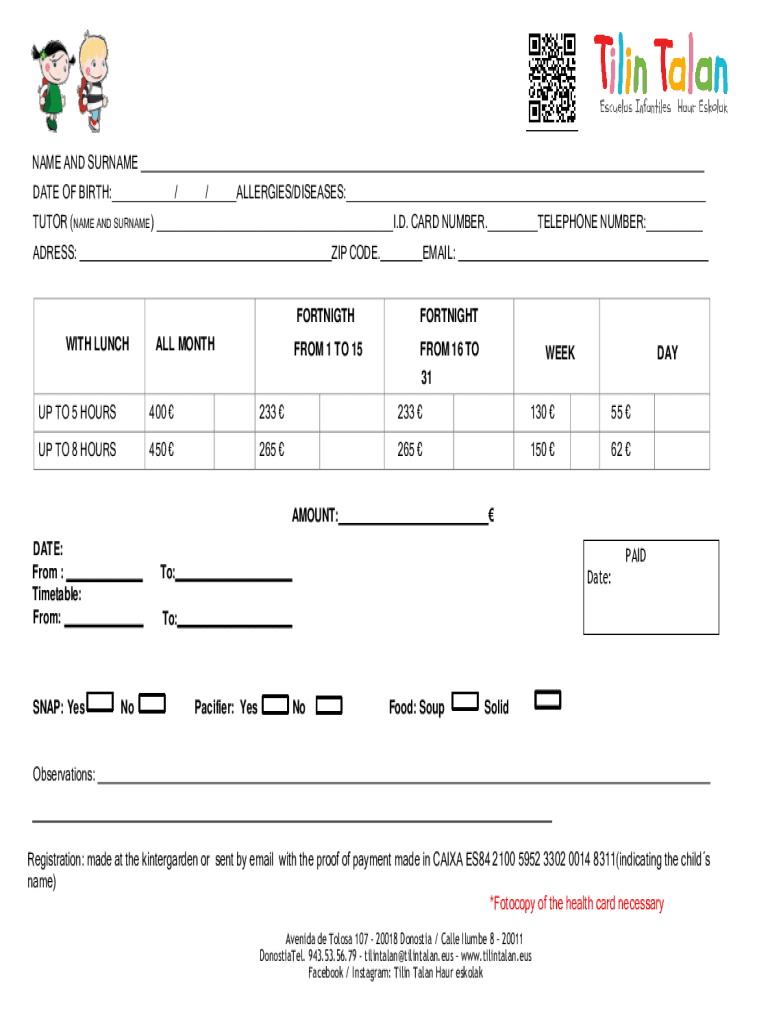 Fillable Online Child Registration for Kindergarten Fax Email Print ...