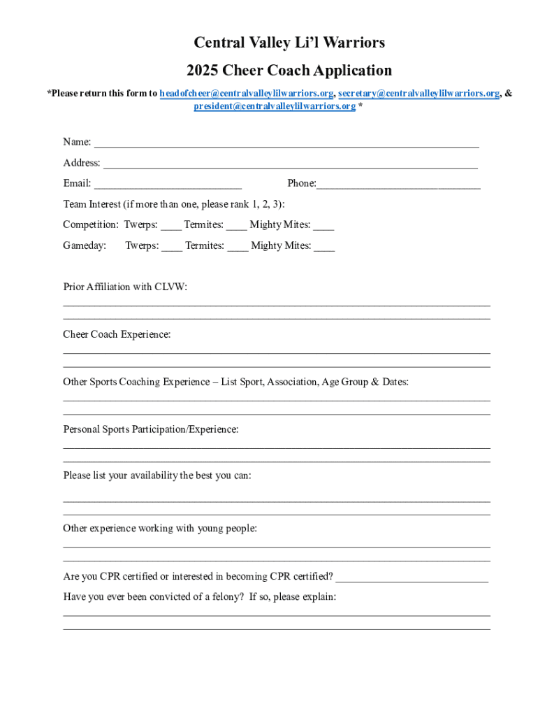 Fillable Online Central Valley Li’l Warriors 2025 Cheer Coach ...