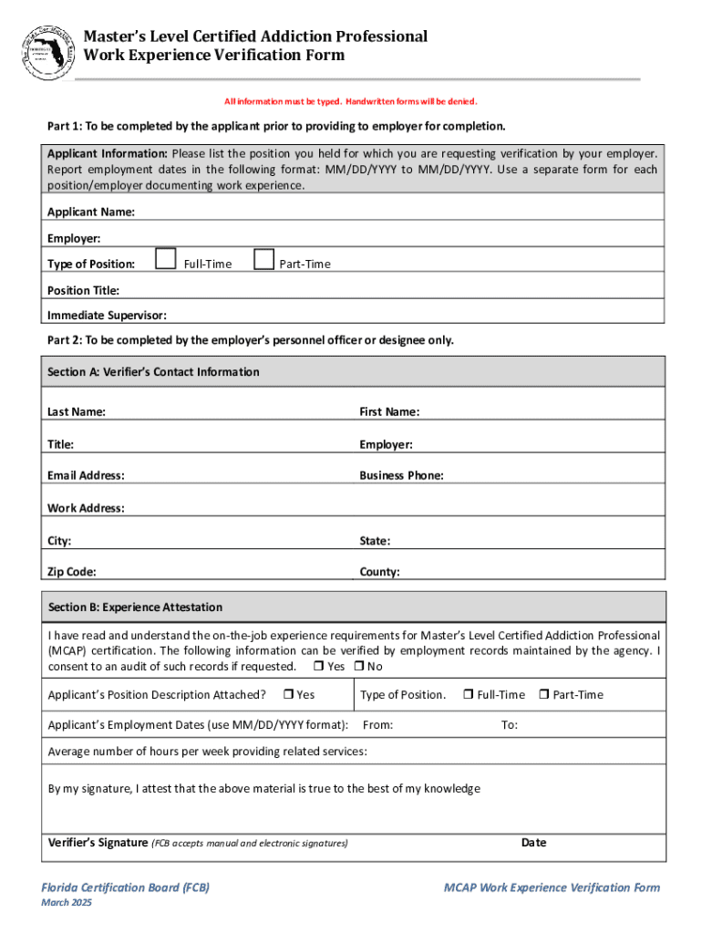 Fillable Online Mcap Work Experience Verification Form Fax Email Print - pdfFiller