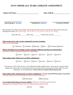 Fillable Online Athlete Assessment Form for Just Cheer All Stars Fax ...