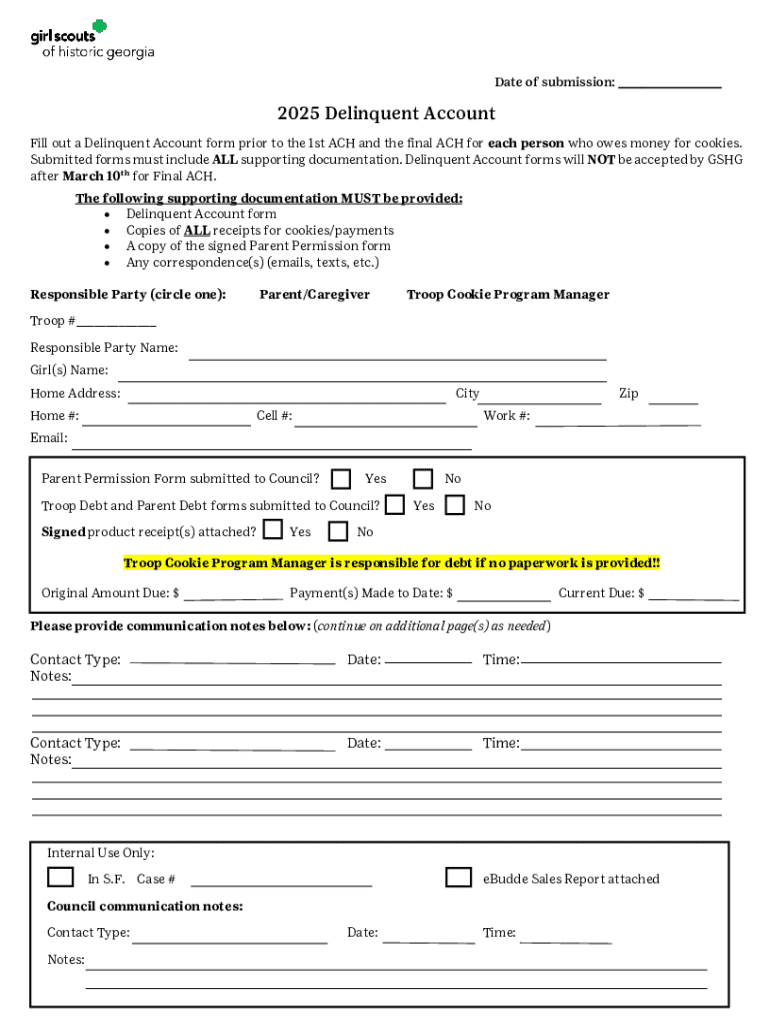 Fillable Online Delinquent Account Submission for Cookie Payments Fax ...