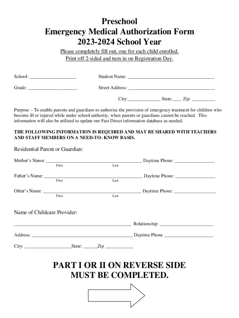 Fillable Online Emergency Medical Authorization Form for Preschool ...