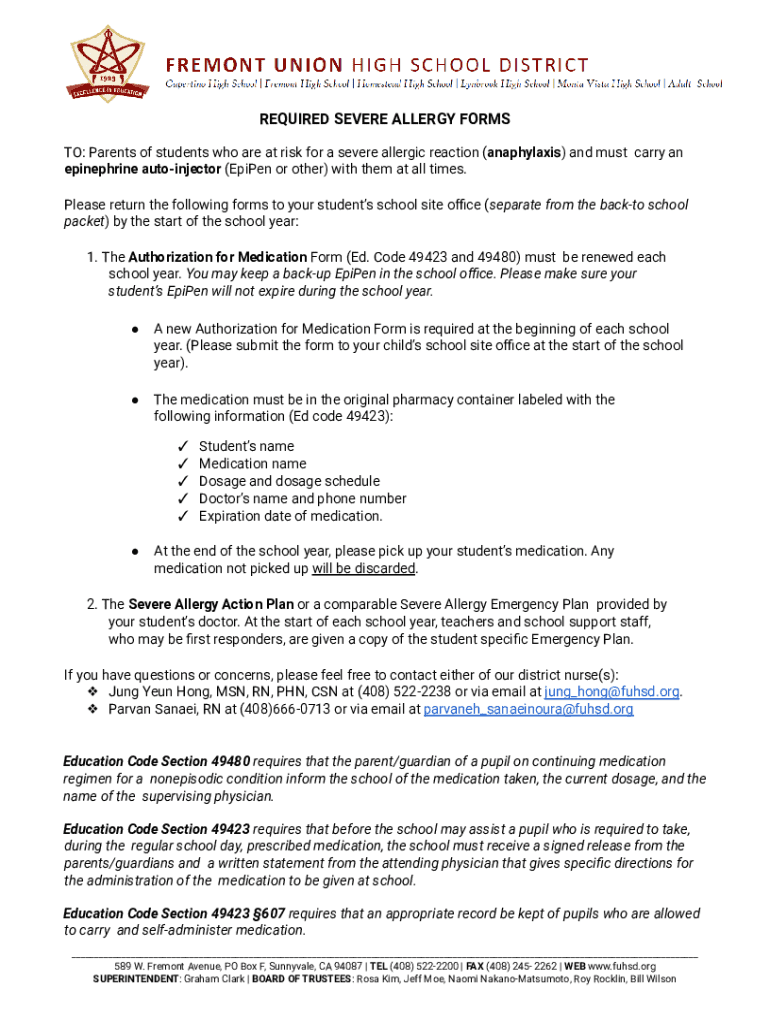 Fillable Online Required Severe Allergy Forms for Students Fax Email ...
