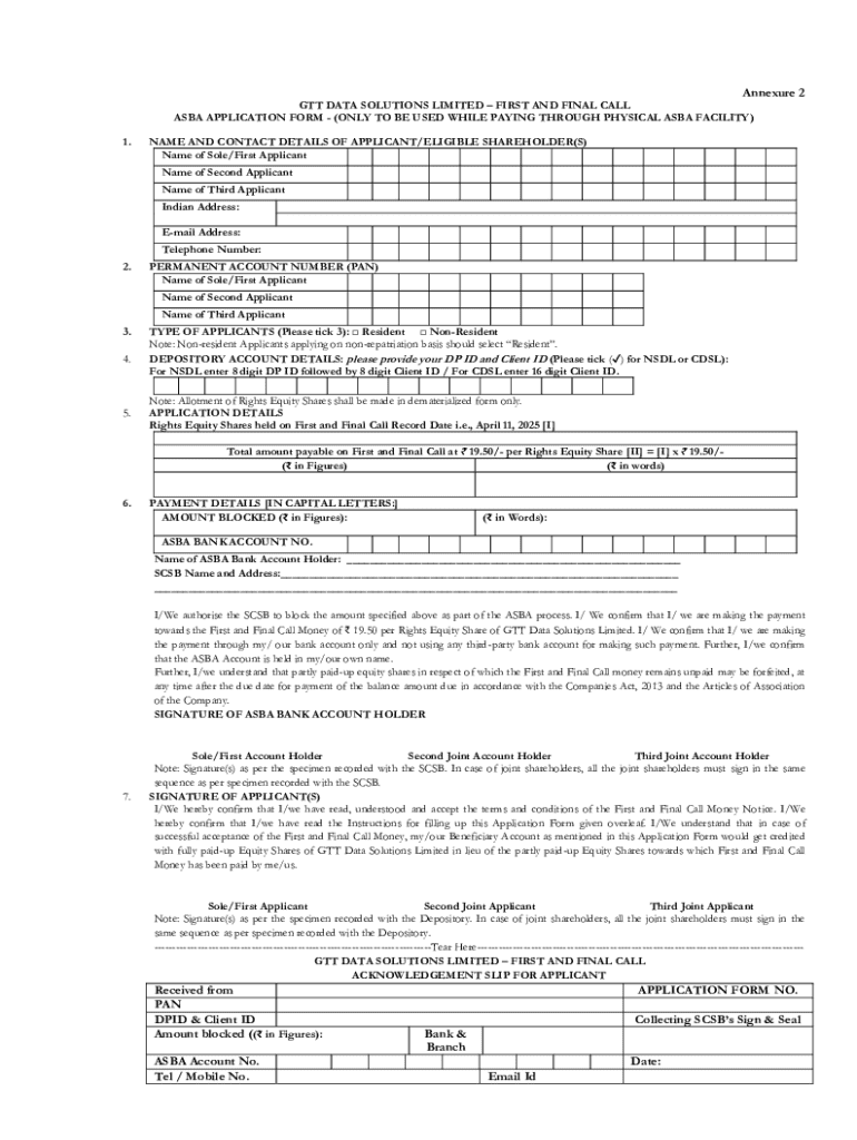 Fillable Online Gtt Data Solutions Limited – First and Final Call Asba ...