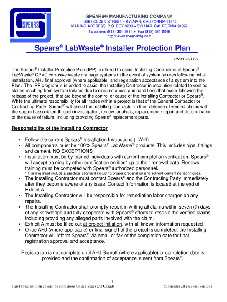 Fillable Online Installer Protection Plan for Labwaste® Cpvc Corrosive ...