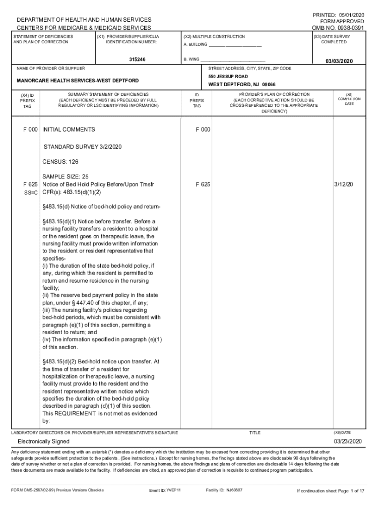 Fillable Online Statement of Deficiencies and Plan of Correction Fax ...
