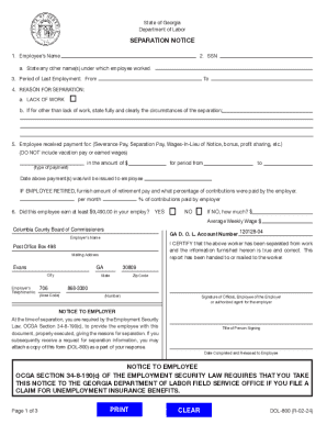 Fillable Online Georgia Department of Labor Separation Notice Fax Email ...