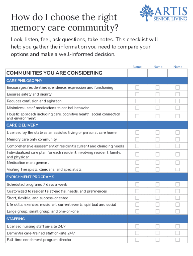 Fillable Online Checklist for Choosing a Memory Care Community Fax ...