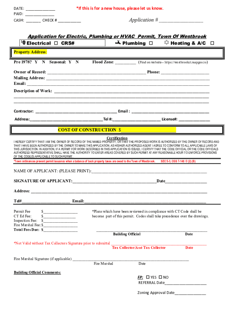 Fillable Online Electric, Plumbing or Hvac Permit Application Fax Email ...