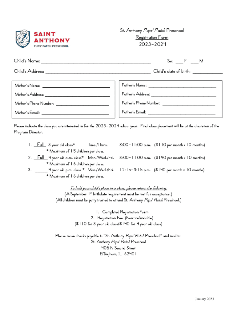 Fillable Online St. Anthony Pups’ Patch Preschool Registration Form ...