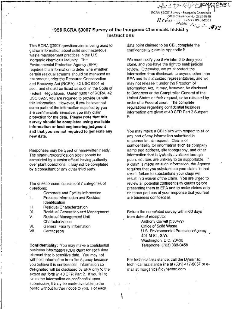 Fillable Online Rcra §3007 Survey for Inorganic Chemicals Fax Email ...