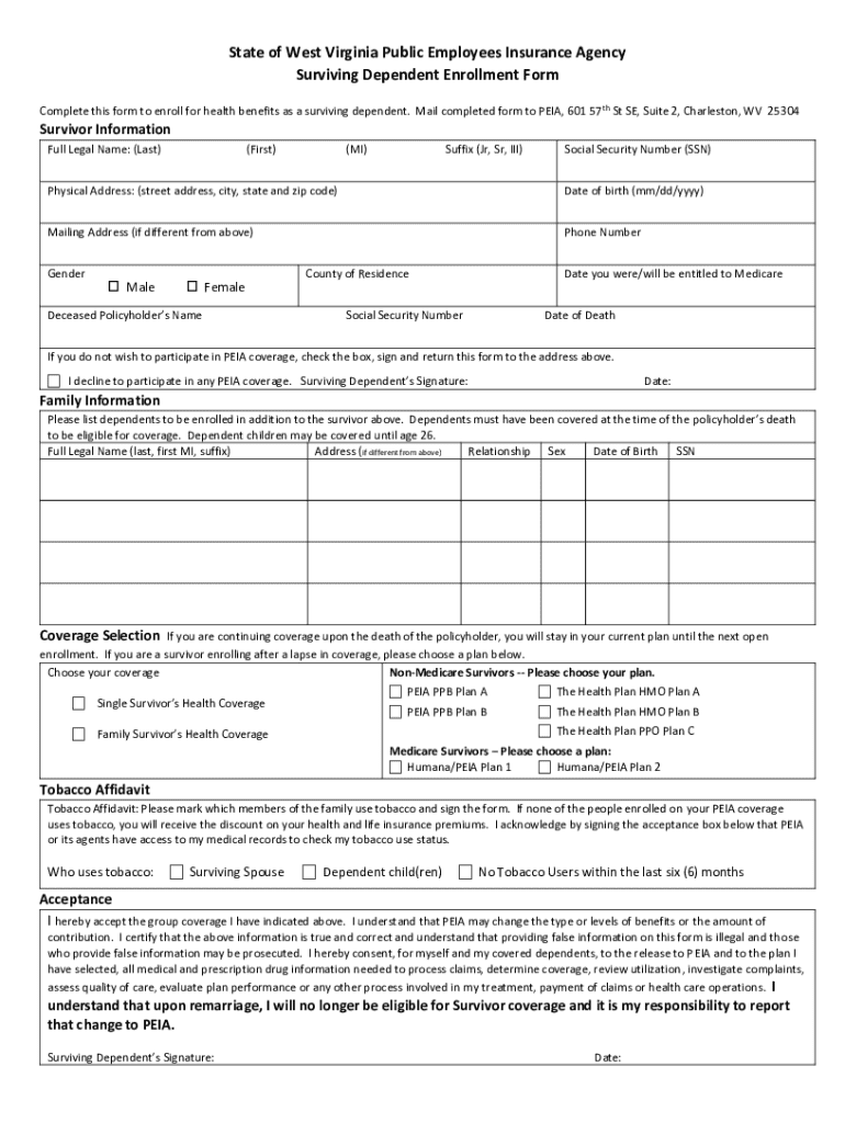 Fillable Online West Virginia Public Employees Insurance Agency Surviving Dependent Enrollment ...