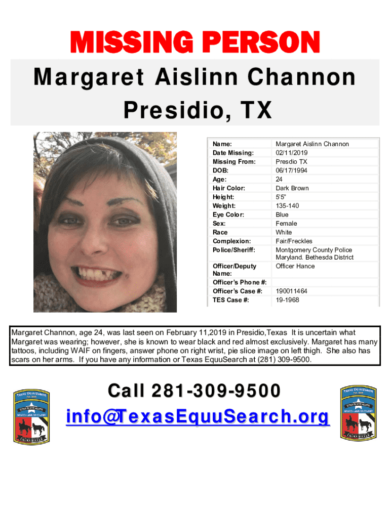 Fillable Online Missing Person Report for Margaret Aislinn Channon Fax ...