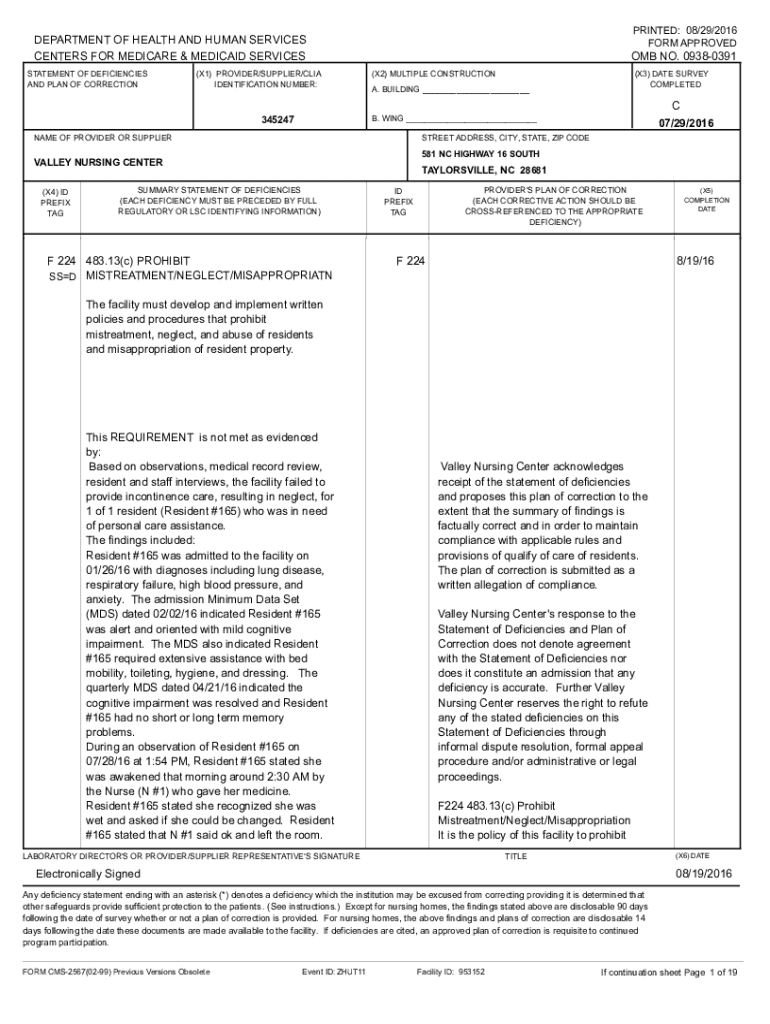 Fillable Online Statement of Deficiencies and Plan of Correction Fax ...