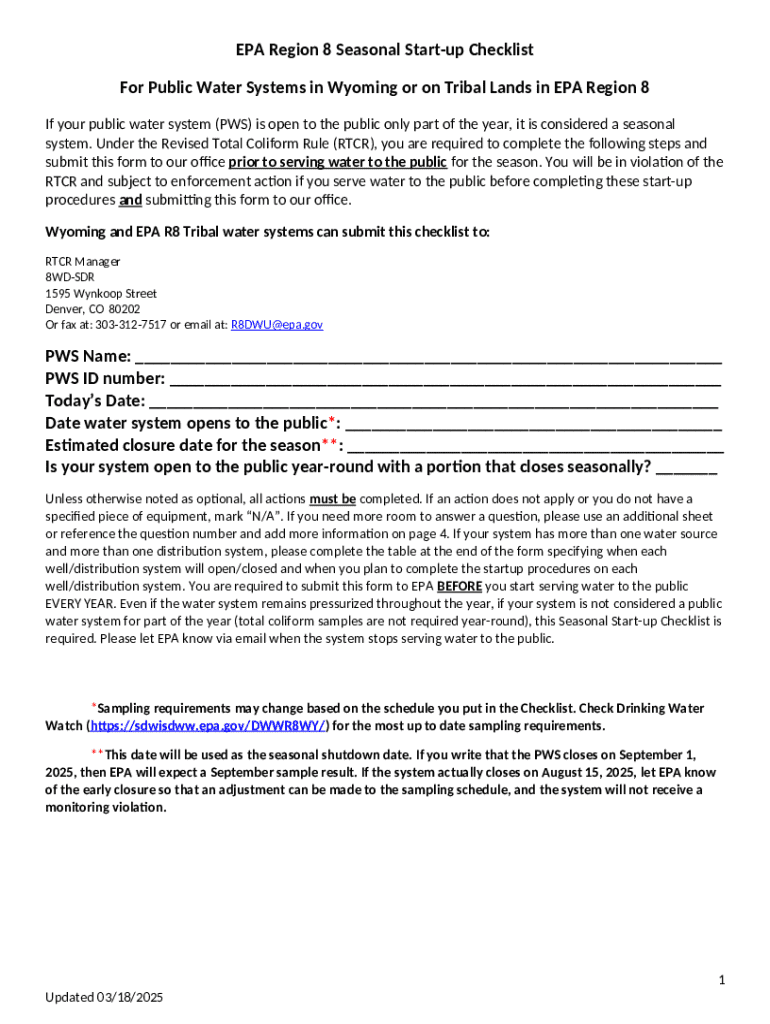 Epa Region 8 Seasonal Start-up Checklist Doc Template | pdfFiller