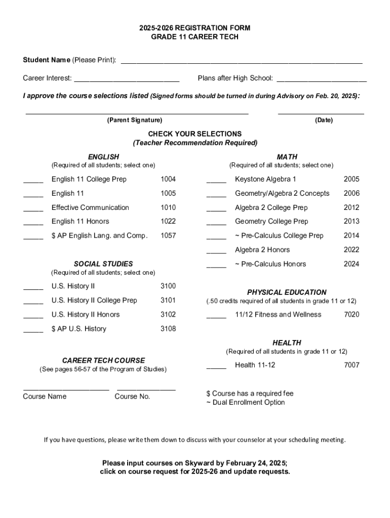 Fillable Online Grade 11 Career Tech Registration Form Fax Email Print ...