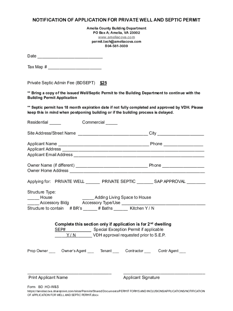 Fillable Online Private Well and Septic Permit Notification Fax Email ...