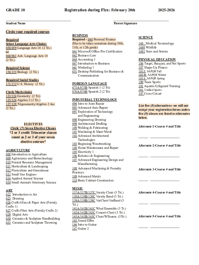 Fillable Online Grade 10 Course Registration Fax Email Print - pdfFiller