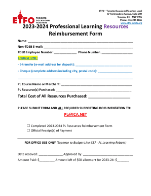 Fillable Online Professional Learning Resources Reimbursement Form Fax Email Print - pdfFiller