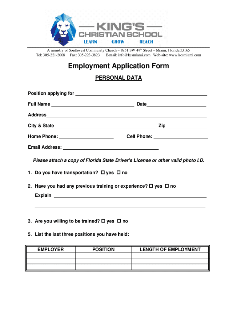 Fillable Online Employment Application for King's Christian School Fax Email Print - pdfFiller