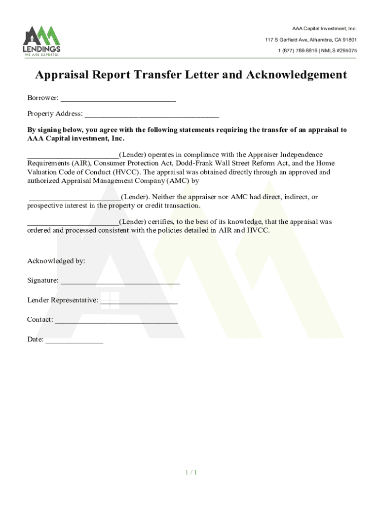 Fillable Online Appraisal Report Transfer Letter Fax Email Print ...