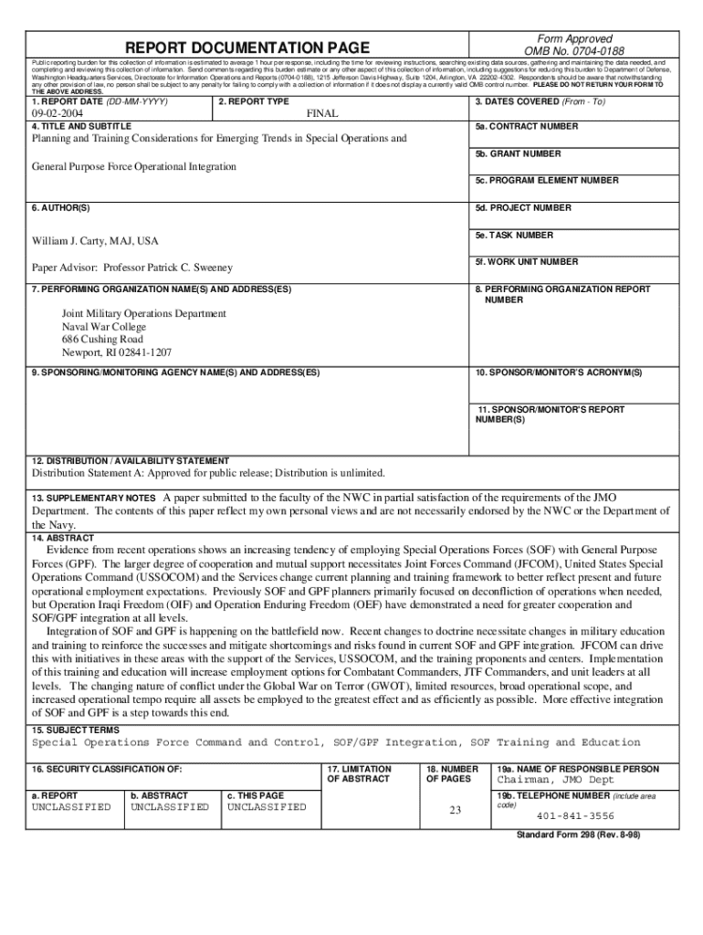 Fillable Online Planning and Training Considerations for Emerging Trends in Special Operations ...