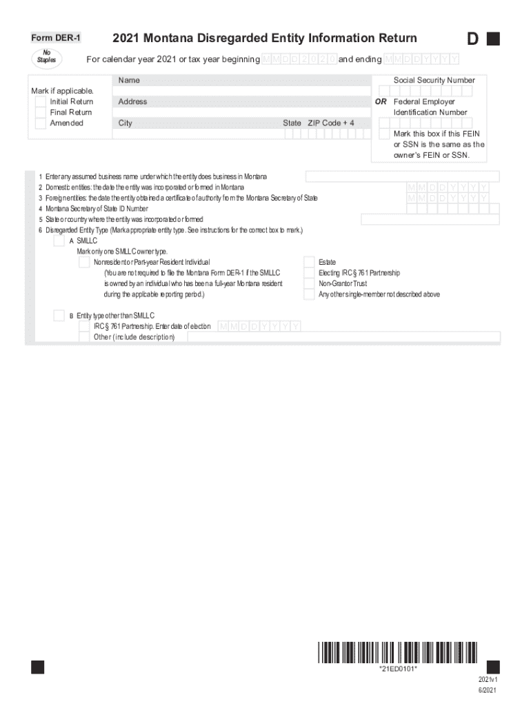 Fillable Online Montana Disregarded Entity Information Return (form Der ...