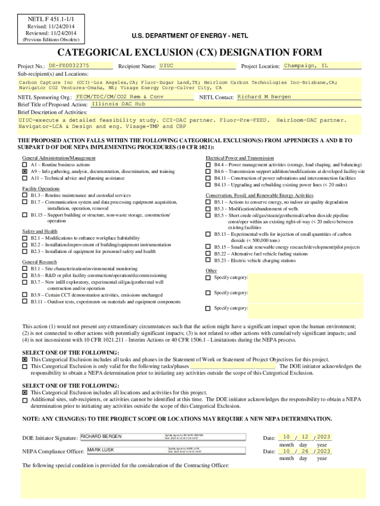 Fillable Online Categorical Exclusion Designation for Illinois Dac Hub ...