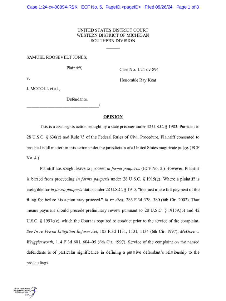 Fillable Online Civil Rights Case Opinion Denying Proceeding in Forma ...