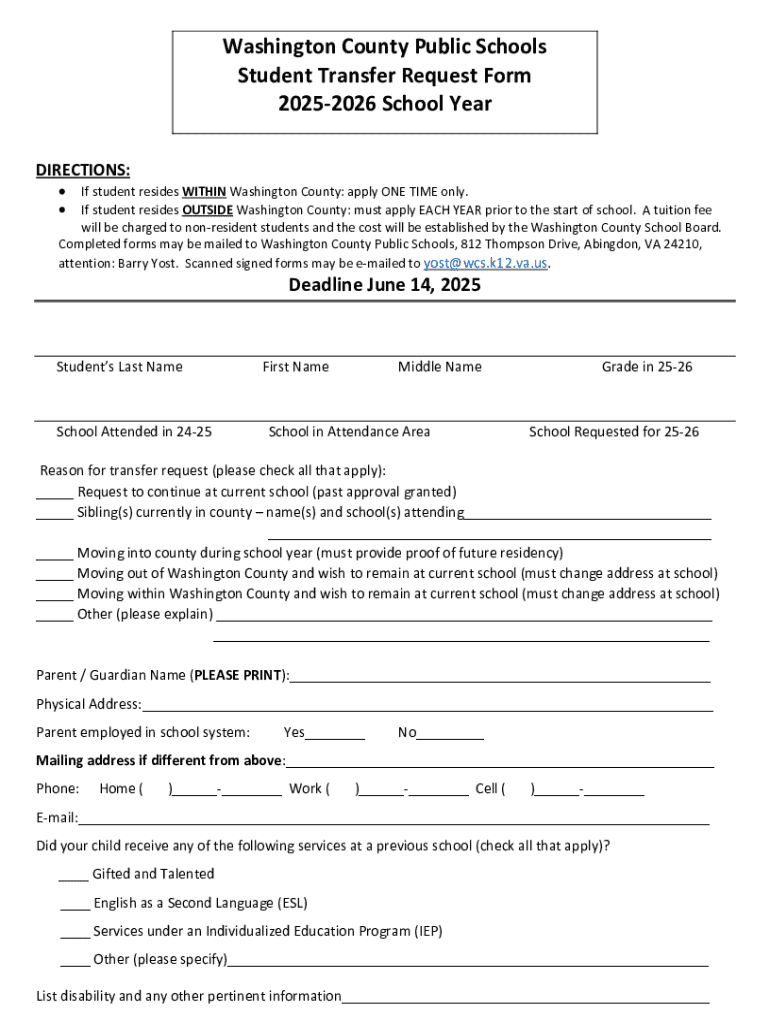 Fillable Online Washington County Public Schools Student Transfer Request Form Fax Email Print ...