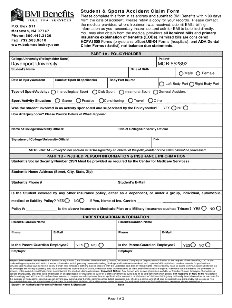 Fillable Online Student Accident Claim Form Fax Email Print - pdfFiller