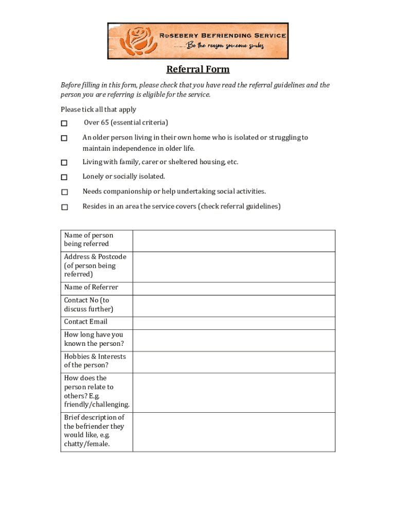 Fillable Online Referral Form for Befriending Service Fax Email Print - pdfFiller