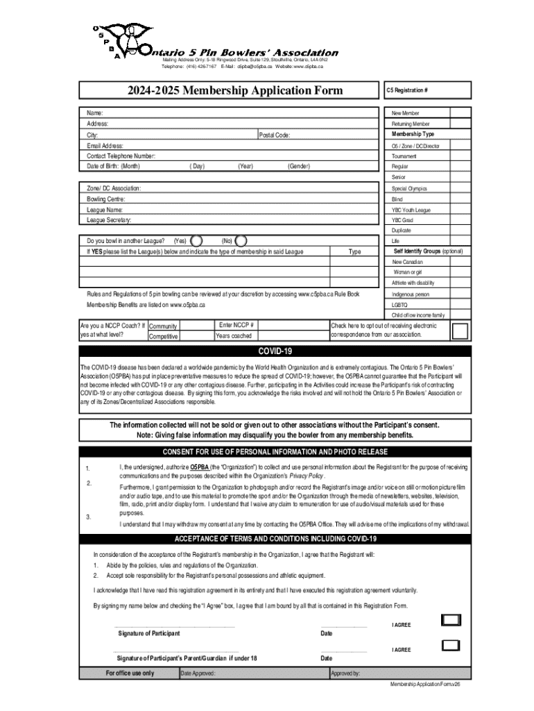 Fillable Online Membership Application for Ontario 5 Pin Bowlers’ Association Fax Email Print ...