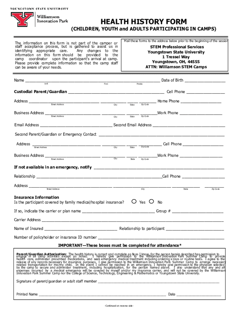 Fillable Online Health History Form for Participants in Stem Camps Fax Email Print - pdfFiller