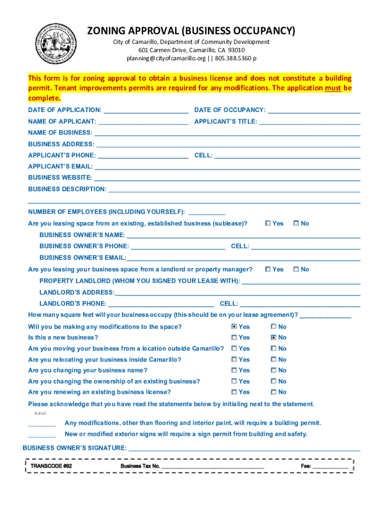 Fillable Online Zoning Approval Application for Business Occupancy Fax ...