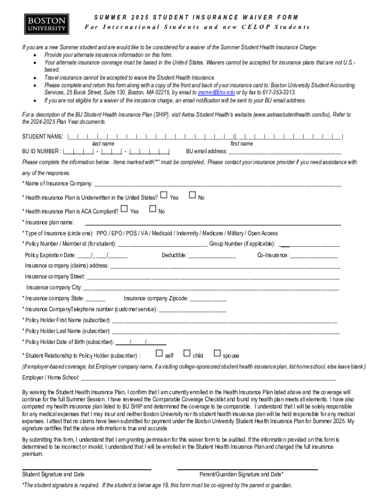 Fillable Online Summer Student Health Insurance Waiver Form Fax Email ...