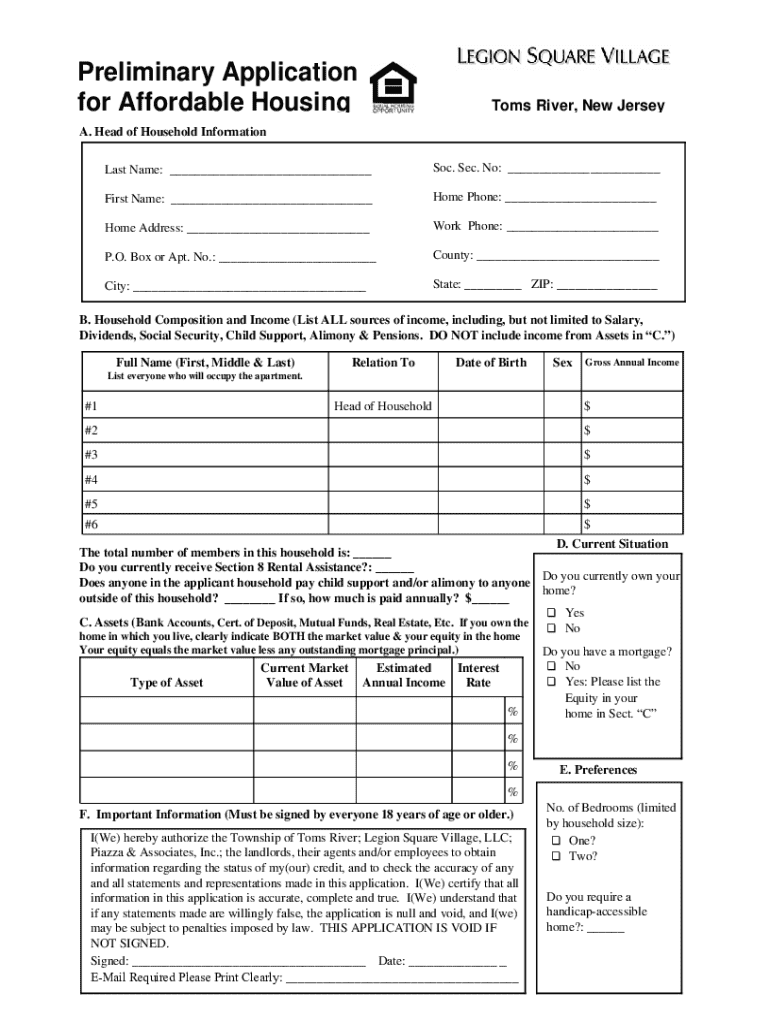 Fillable Online Preliminary Application for Affordable Housing Fax ...