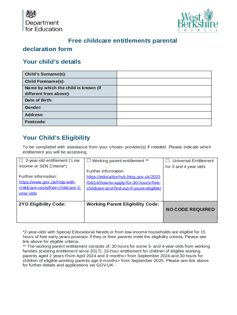 Free Childcare Entitlements Parental Declaration Doc Template | pdfFiller