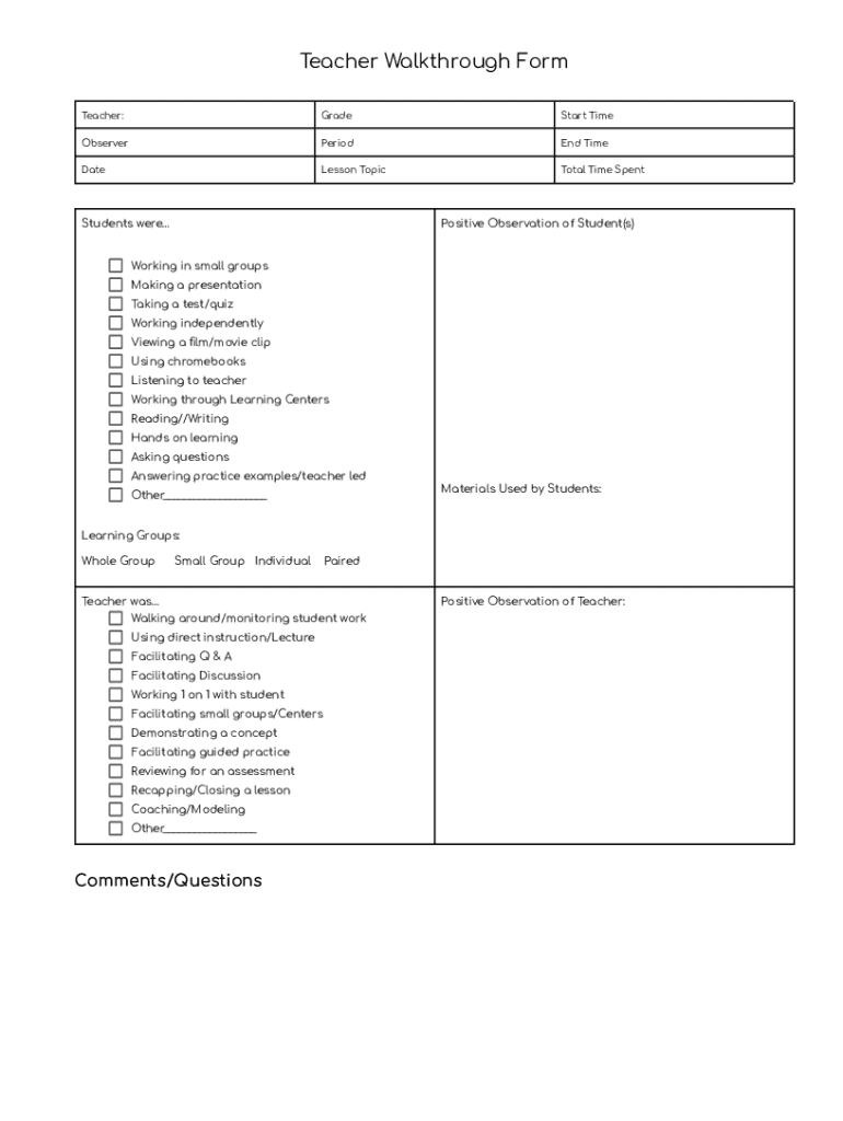 Fillable Online Teacher Walkthrough Observation Form Fax Email Print ...