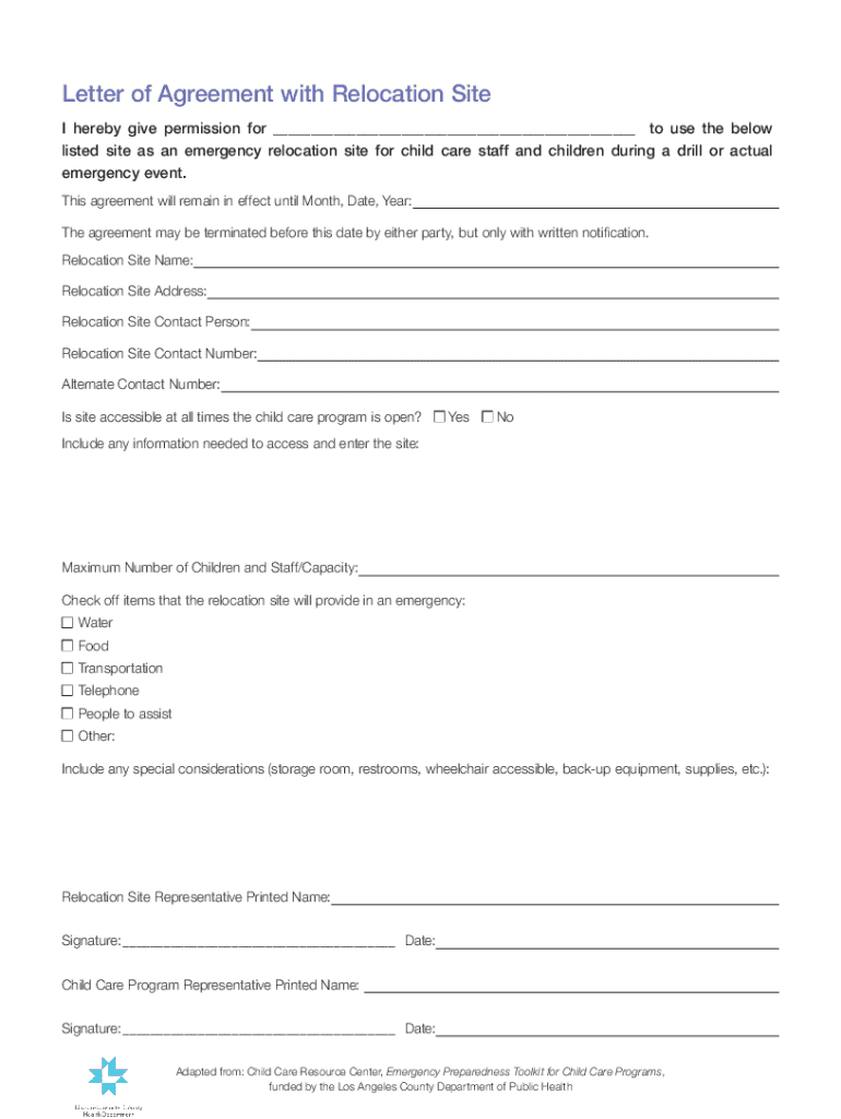 Fillable Online Emergency Relocation Site Agreement Fax Email Print ...