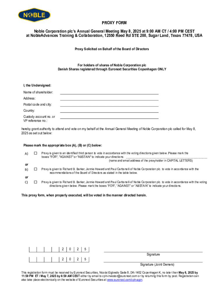 Fillable Online Proxy Form for Noble Corporation Plc's Annual General Meeting Fax Email Print ...