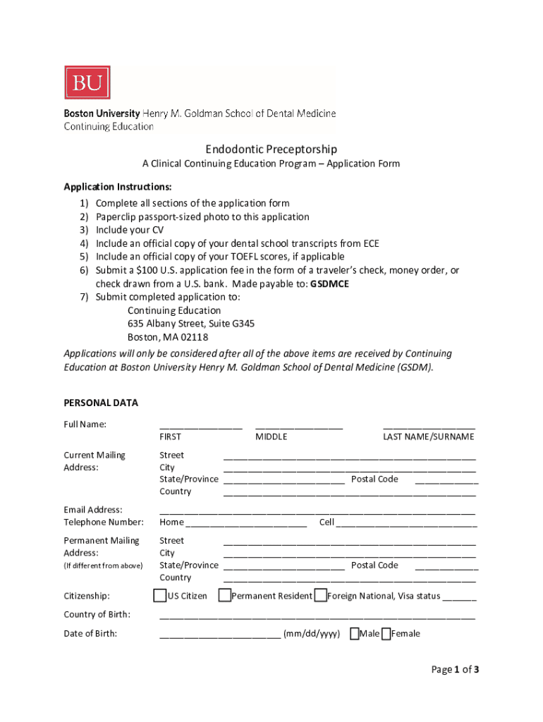 Fillable Online Endodontic Preceptorship - Application Form Fax Email ...