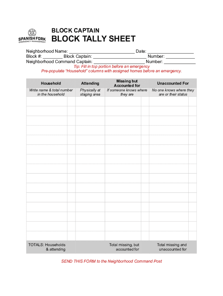 Fillable Online Neighborhood Block Captain Tally Sheet Fax Email Print ...