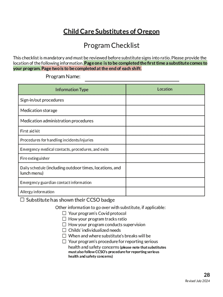 Fillable Online Child Care Substitutes Program Checklist Fax Email ...