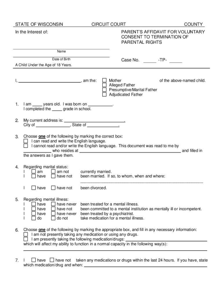 Fillable Online Parent's Affidavit for Voluntary Consent to Termination ...