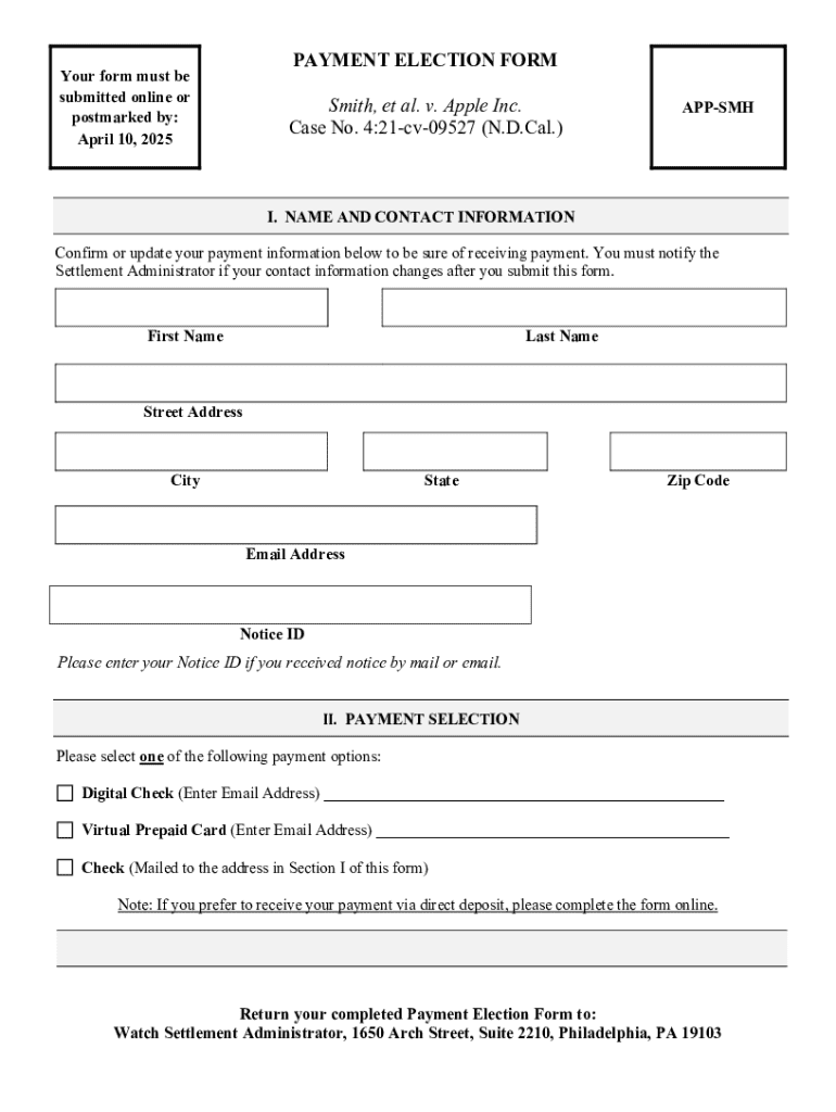 Fillable Online Payment Election Form for Smith, Et Al. V. Apple Inc. Fax Email Print - pdfFiller