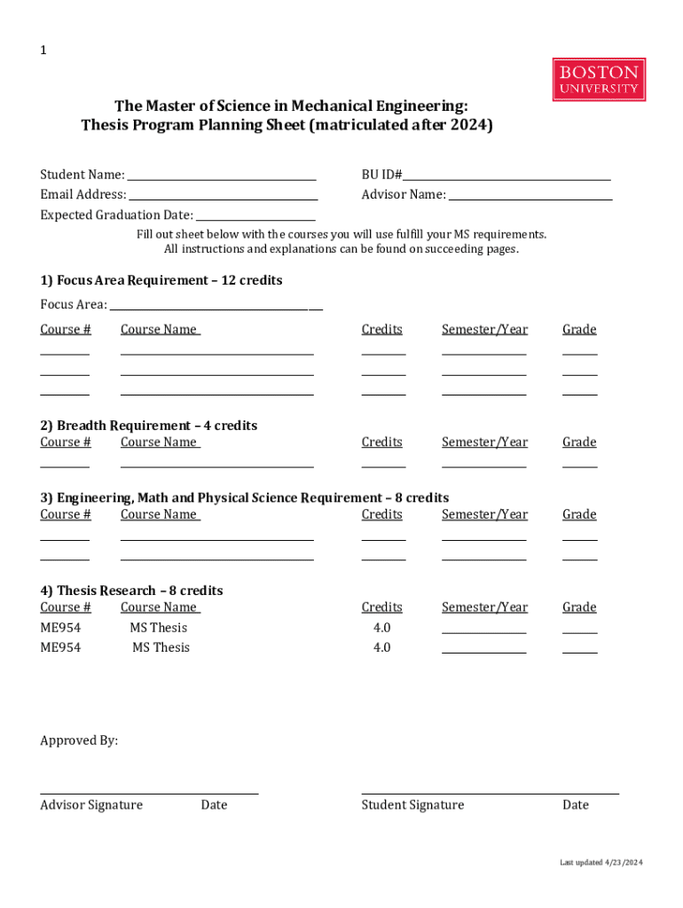 Fillable Online Thesis Program Planning Sheet for Ms in Mechanical Engineering Fax Email Print ...