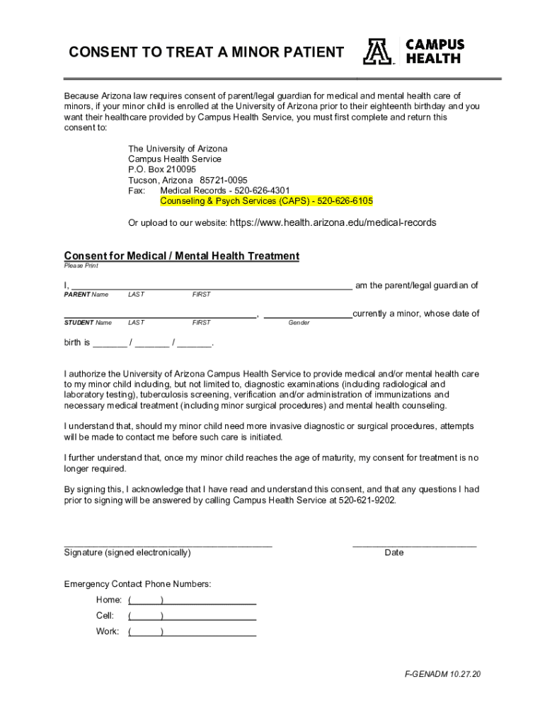 Fillable Online Consent for Medical/mental Health Treatment for Minors Fax Email Print - pdfFiller