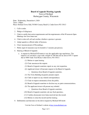 Fillable Online Board of Appeals Meeting Agenda for the Town of Holland ...